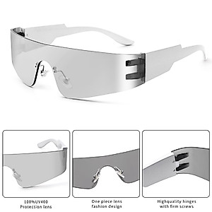 LIU·WEN Trendy Y2K Rimless Futuristic Wrap Around Sunglasses for Women Men Fashion Shield Flat Shades(Silver/Silver Mirrored)