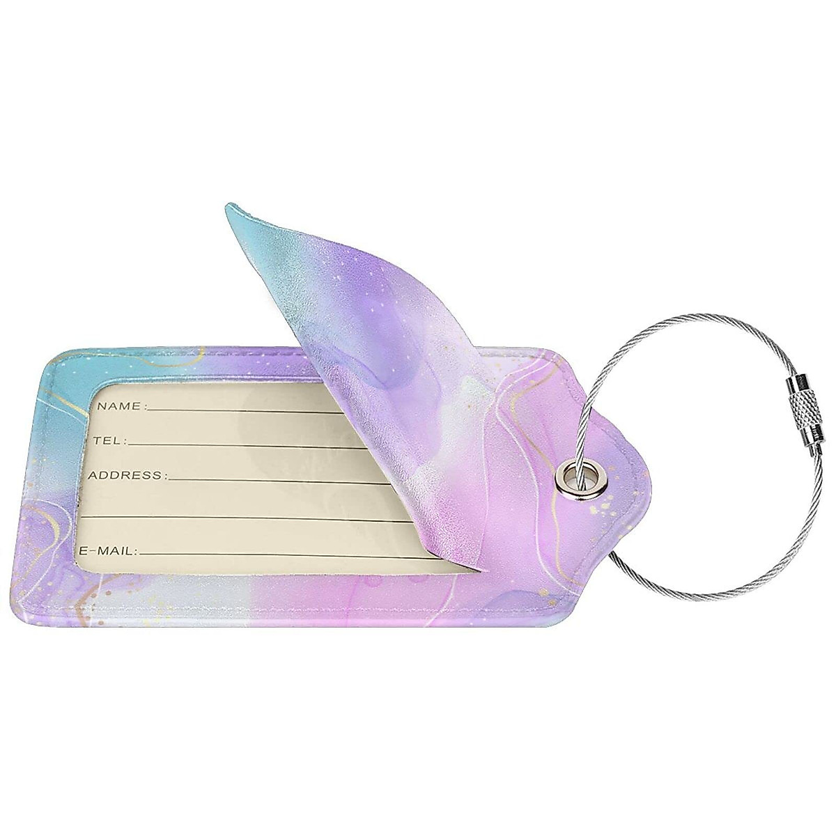 Pink Luggage Tags 2 Pack for Girls Women, Watercolor Light Purple and Cyan Blue Background Leather Suitcase Tags Identifiers, Cute ID and Name Labels with Privacy Covers for Backpack Travel Bag