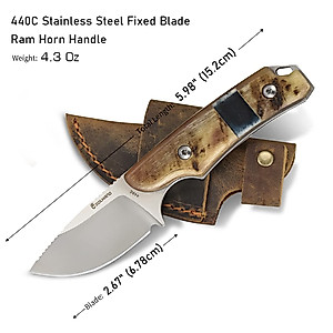 Cool Hand 5.98" Knife with Leather Sheath, Full Tang Compact Horizontal Carry Knife, Leather Belt Loop Sheath with Buckle, Outdoors Drop Point 440C Fixed Blade, Ram Horn Handle