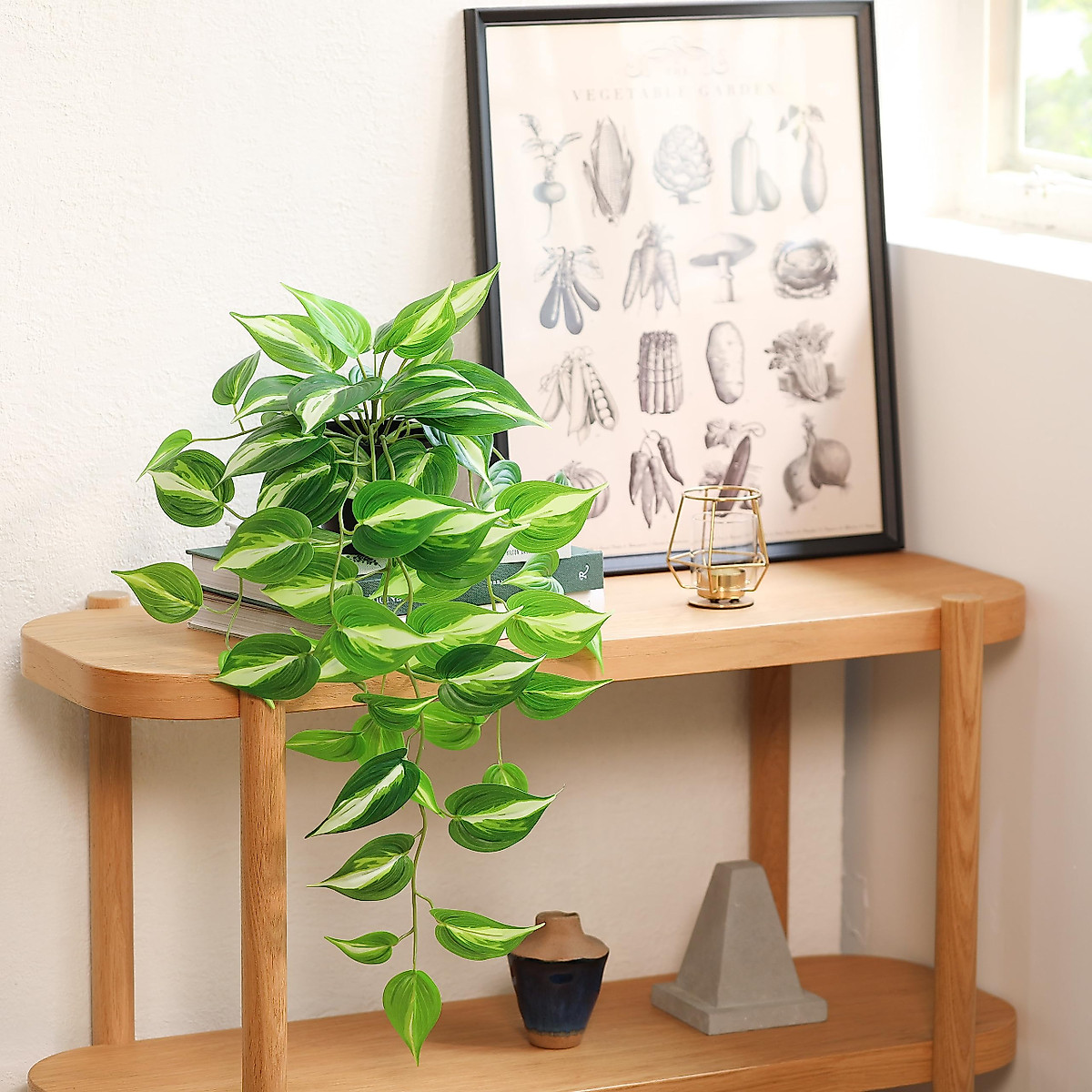 LuckyGreenery Artificial Devil's Ivy Golden Pothos Fake Plant,Hanging Potted Plants for Wall Home Patio Indoor Outdoor Decor(H 26in)