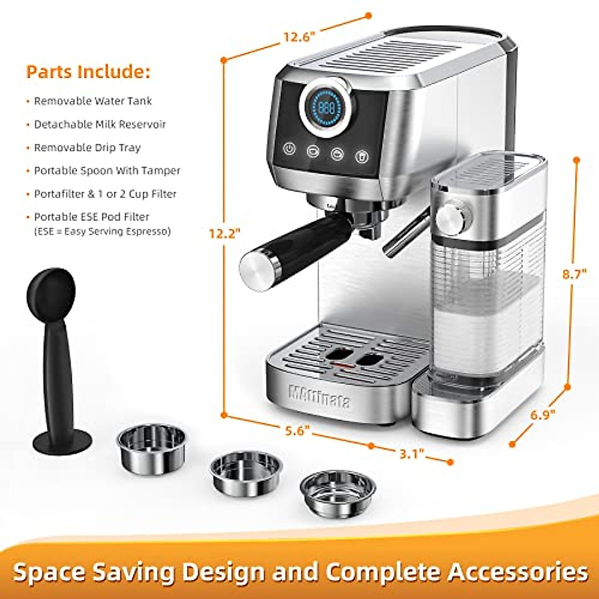MAttinata Cappuccino Machine and Espresso Machine, 20 Bar Stainless Steel Latte Maker and Espresso Machine for Home with Automatic Milk Frothing System
