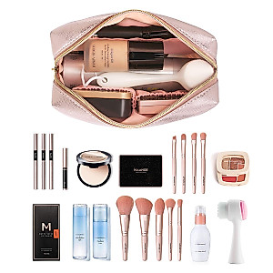 MAANGE 3 Pcs Makeup Bag Portable Travel Cosmetic Bag Large Makeup Bag Organizer with Gold Zipper Waterproof Toiletry Bags for Women and Girls(Rose Gold)