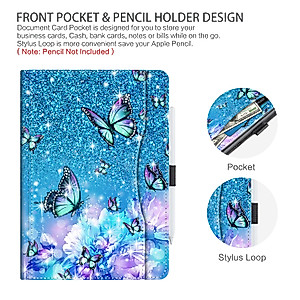 Case for iPad 9th/8th/7th Generation 10.2 Inch 2021/2020/2019 with Pencil Holder for Women Girls Adjust Angle View Case with Pocket/Hand Strap/Auto Wake/Sleep, Flowers Butterfly