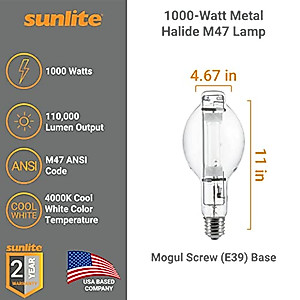 Sunlite 03680-SU MH1000/U/BT37 M47 Metal Halide Lamp, 1000 Watts, Mogul Base (E39), BT37, 12,000 Hours Life, 110,000 Lumen, Clear Finish, 4000K