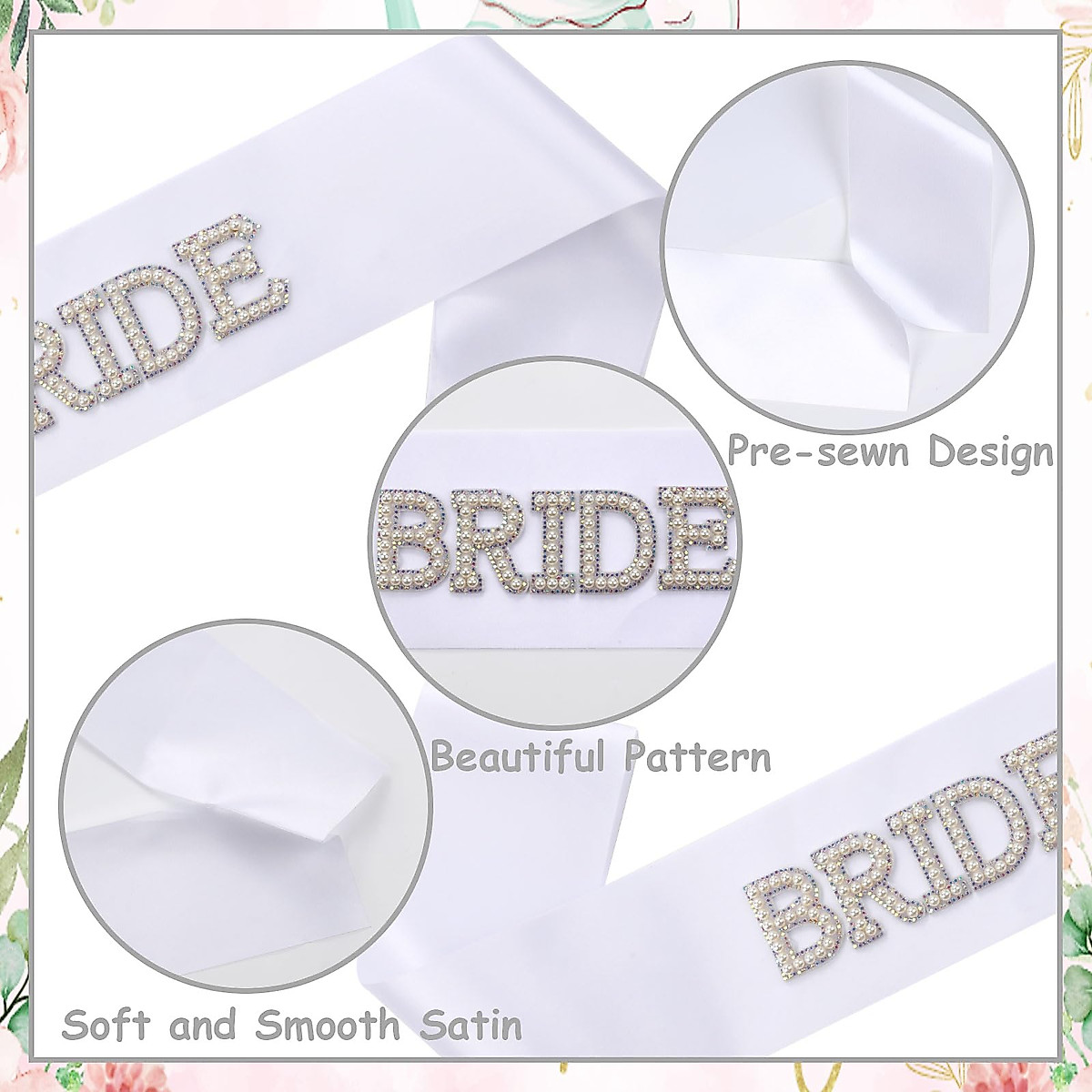 Serencatcher Pearl Bride Sash for Bridal Shower, Bride to Be Sash White Satin Bride Sash for Bachelorette Bridal Shower Wedding Engagement Party Decorations