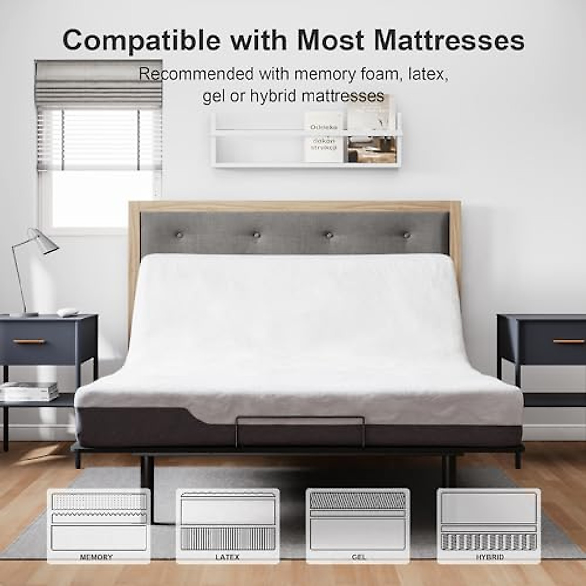 GOLDORO Queen Size Adjustable Bed Frame, Electric Bed Base, Wireless Remote Control, Whisper Quiet Durable Motor, Independent Head and Foot Incline, Adjustable Leg Heights