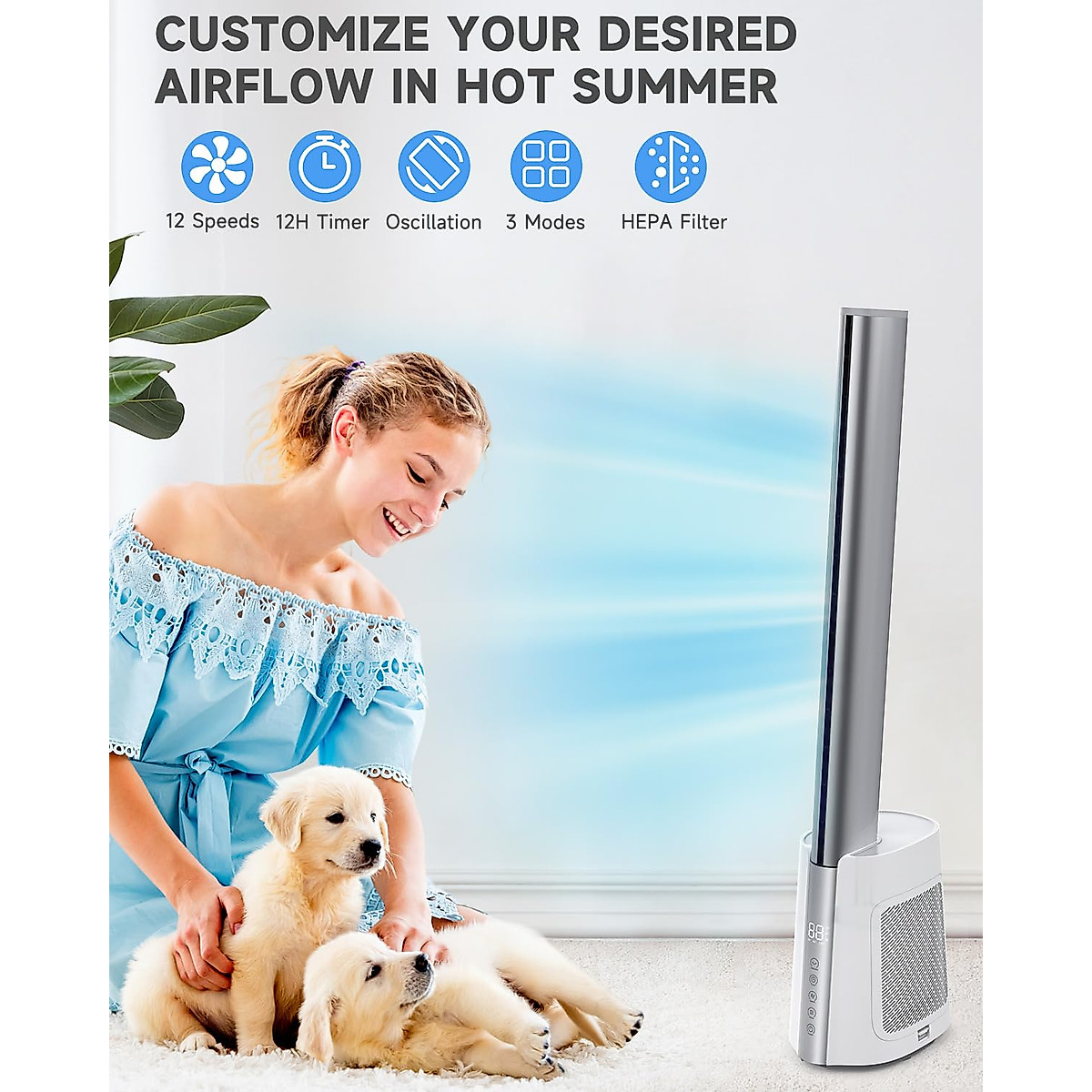 Gimify 40'' Bladeless Tower Fan for Home with Remote Control, Quiet 120° Oscillating Fan with 3 Modes 12 Wind Speeds,12H Timer, Standing Fan with HEPA Filter 99.97% Smoke Dust for Bedroom Office
