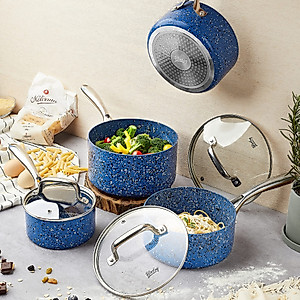 HLAFRG Nonstick Premium 3-Piece Saucepan Set with Glass Lids, Natural Durable Granite Coating, Nonstick, Durable & Oven Safe to 450°F, 1&2&3QT, Blue