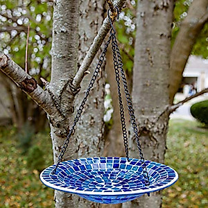 Lily's Home Hanging Colorful Mosaic Glass Bird Bath Bowl - 11" Diameter. (Blue)