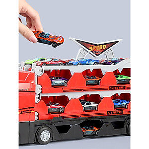 Peticehi Mega Hauler Truck with Ejection Race Track, Kids Deform Catapulting and Shooting Big Truck Folding Storage Transporter Toy, Toy Truck Transporter Car Carrier for Kids 3+ Years Old (8 Car)