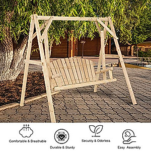 Tangkula Wooden Porch Swing, A-Frame Wood Log Swing Bench Chair, Outdoor Rustic Curved Back Swing Chair for Patio Garden Yard
