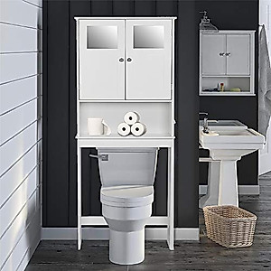 SSLine Over The Toilet Storage Cabinet Organizer,Home Bathroom Space Saver Shelf with Adjustable Shelf and Double Door, Free Standing Toilet Rack for Bathroom,White