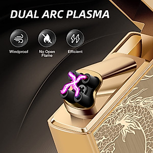 LcFun Electric USB Rechargeable Lighter, Windproof Plasma Dual Arc Lighter, Electronic Flameless Cool Lighters Gifts for Men Fathers Husband (Gold Dragon)