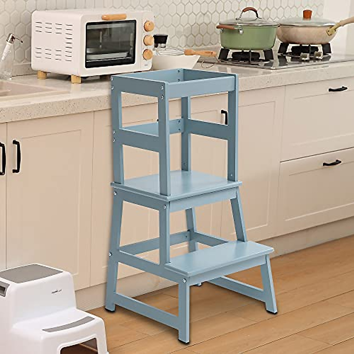 Kitchen Step Stool for Toddlers and Kids with Safety Rails for Kitchen Counter Solid Wood (Baby Blue)