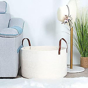 MINTWOOD Design Extra Large 20 x 13 Inches Decorative Cotton Rope Basket, Blanket Basket Living Room, Woven Laundry Basket, Storage Baskets Bin, Round Pillow Towel Basket with Long Handles, White