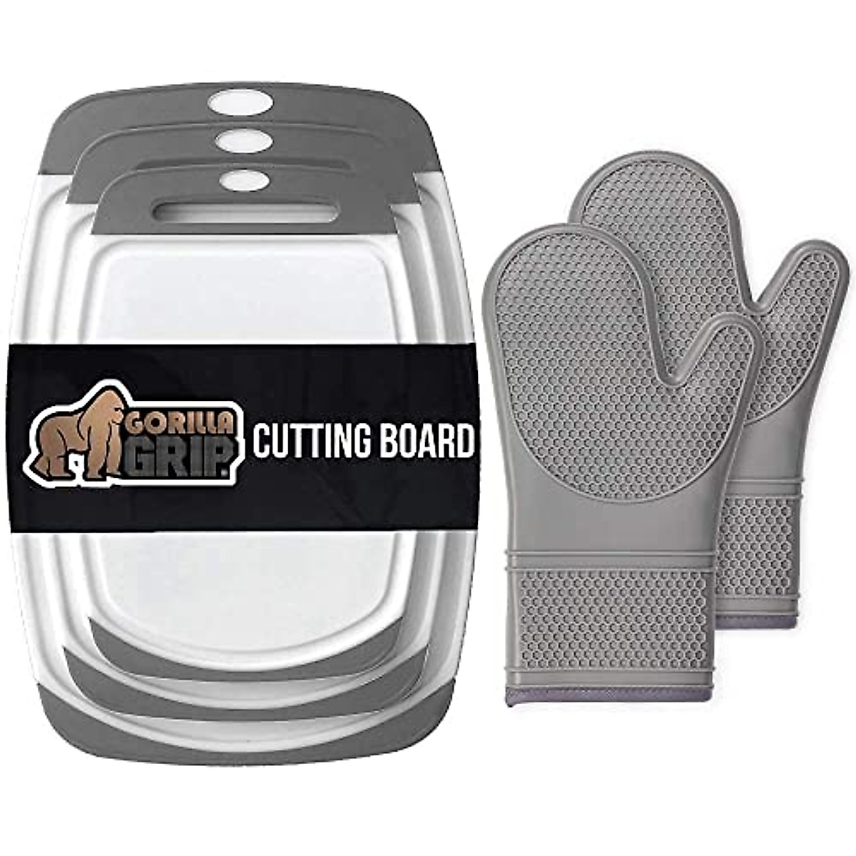Gorilla Grip Cutting Board Set of 3 and Silicone Oven Mitts Set, Both in Gray Color, 2 Item Bundle