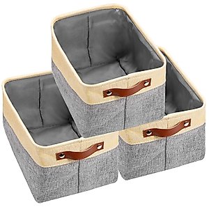 Vextronic Collapsible Storage Bins, Fabric Storage Baskets for Shelves, Canvas Decorative Storage Bins with Handles, Foldable Storage Baskets for Organizing Toys Clothes Closet, Gray & Beige 3 Pack