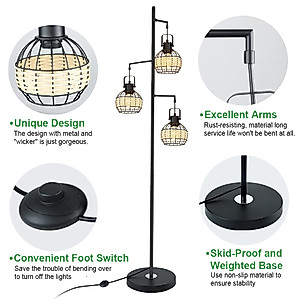 DLLT Industrial Floor Lamp, 3-Light Farmhouse Tree Standing Lamps with Metal Rattan Cage Shape, Tall Pole Reading Lighting for Corner Living Room Bedroom Office, 3000K 8W E26 Bulbs Included, UL Listed