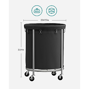 SONGMICS Laundry Basket with Wheels, Rolling Laundry Hamper, 45 Gal., Round Laundry Cart with Steel Frame and Removable Bag, 4 Casters and 2 Brakes, Black and Silver URLS001B01