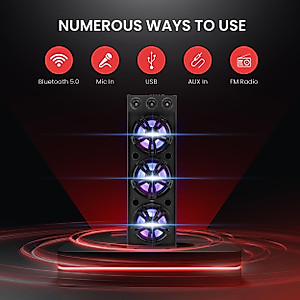 3x12” Portable Bluetooth PA Karaoke Speaker System, 2200 Watt Karaoke Speaker with LED Lights, USB Micro SD FM BT Aux Remote Control Mic Inputs, with Wheels and Handle Bar