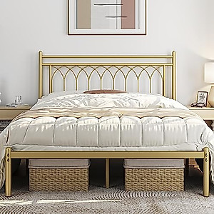 Yaheetech Queen Size Bed Frame Metal Platform Bed with Petal Accented Headboard, Mattress Foundation with Spacious Underbed Storage,No Box Spring Needed, Easy Assembly Queen Bed Frame, Antique Gold