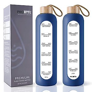 PROBTTL 32 Oz Borosilicate Glass Water Bottle with Time Marker Reminder Quotes, Leak Proof Reusable BPA Free Motivational Water Bottles with Silicone Sleeve and Bamboo Lid