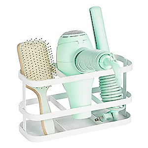 mDesign 3-Section Oval Bathroom Wall Mounted Hair Tool Storage Organizer - Metal Accessory Basket - Hanging Holder for Hair Dryer, Straightener, and Curling Iron - Carson Collection - White