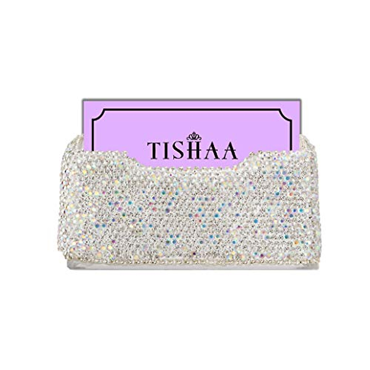 TISHAA Business Card Holder Stand - Bling Name Cards Office Desk Desktop Table Top Organizer Luxury Display Pocket Case Accessories White Crystal Rhinestone Glitter