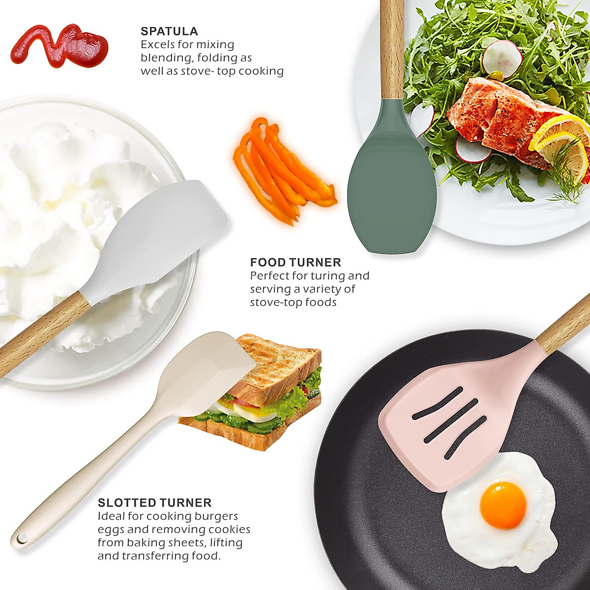 Silicone Cooking Utensils Set - 446°F Heat Resistant Silicone Kitchen Utensils for Cooking,Kitchen Utensil Spatula Set w Wooden Handles and Holder, BPA FREE Gadgets for Non-Stick Cookware (Colorful)