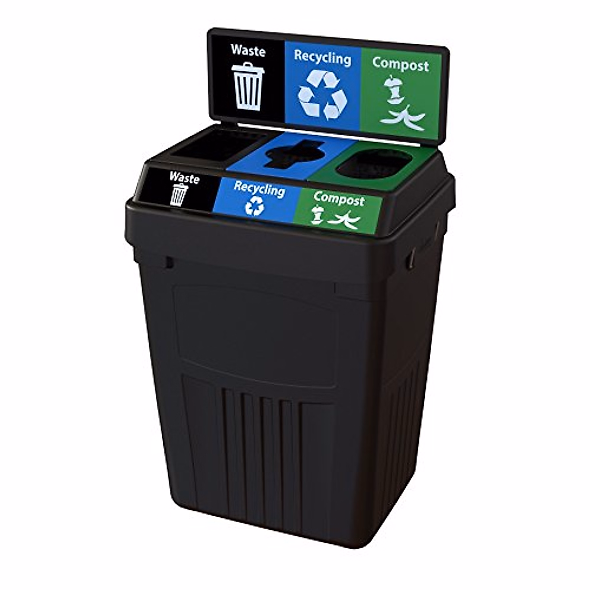 CleanRiver Flex E Bin - 50 Gallons | 3-in-1 Streams | Waste, Recycling, & Compost Basket with Backboard | Black Color