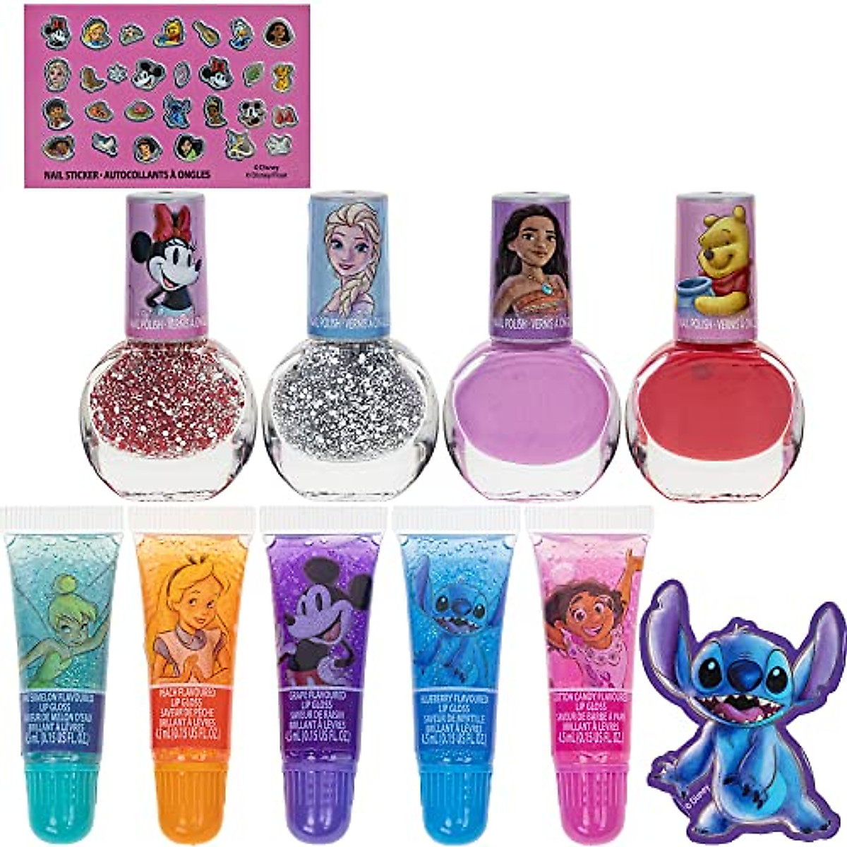 Disney 100 Sparkly Cosmetic Makeup Set for Girls with Lip Gloss Nail Polish Nail Stickers - 11 Pcs|Perfect for Parties Sleepovers Makeovers| Birthday Gift for Girls 3+