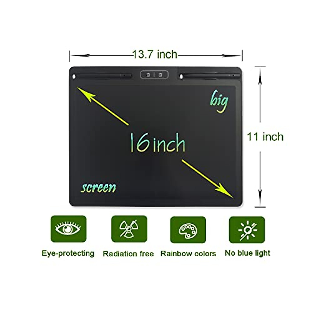 Large LCD Writing Board 16 Inches with 2 Delete Keys and Split Screen for Local Erasing, Electronic Drawing and Doodle Tablet for Adult and Kid with 2 Pens, Nice Holiday or Birthday Present (Black)
