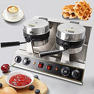 Commercial Dual-Head Rotating Non-Stick Round Belgian Waffle Maker - 1500W 7 Inch Stainless Steel Waffle Iron Machine for Restaurant or Bakery - Temperature and Time Control, 110V