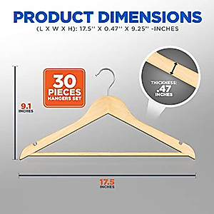 SereneLife Premium Solid Wooden Hangers - Smooth Finish Space Saving Heavy Duty Suit Clothes Hanger Set w/ 360 Degree Swivel Metal Hook, Precisely Cut Notches, for Coats Jackets Pants, Brown (30-Pack)
