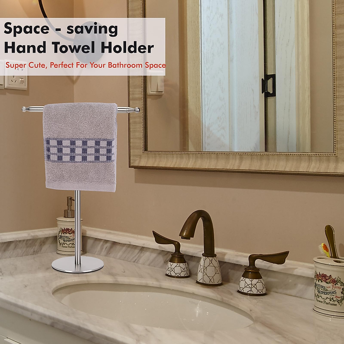 Hand Towel Holder Stand for Bathroom Vanity Countertop Stainless Steel T-Shape Free Standing Towel Rack Stand Towel Bar for Bathroom Kitchen (Brushed Nickel)