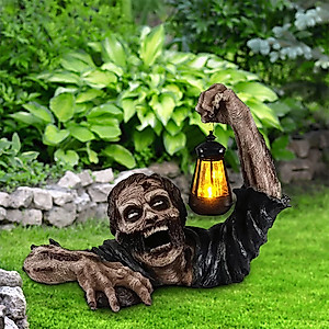 VEMART Costume Props, Zombie Gnome Garden Statues Solar Lights The Zombie with Solar Led Lantern Resin Horror Movie Garden Gnomes Statue Halloween