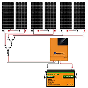 ECO-WORTHY 4.8KWH Solar Power Complete Kit 1200W 24V with Lithium Battery and Inverter for Home: 6pcs 195W Solar Panel + 1pc 25.6V 100Ah Li-Battery + 3000W MPPT Hybrid Charger Inverter