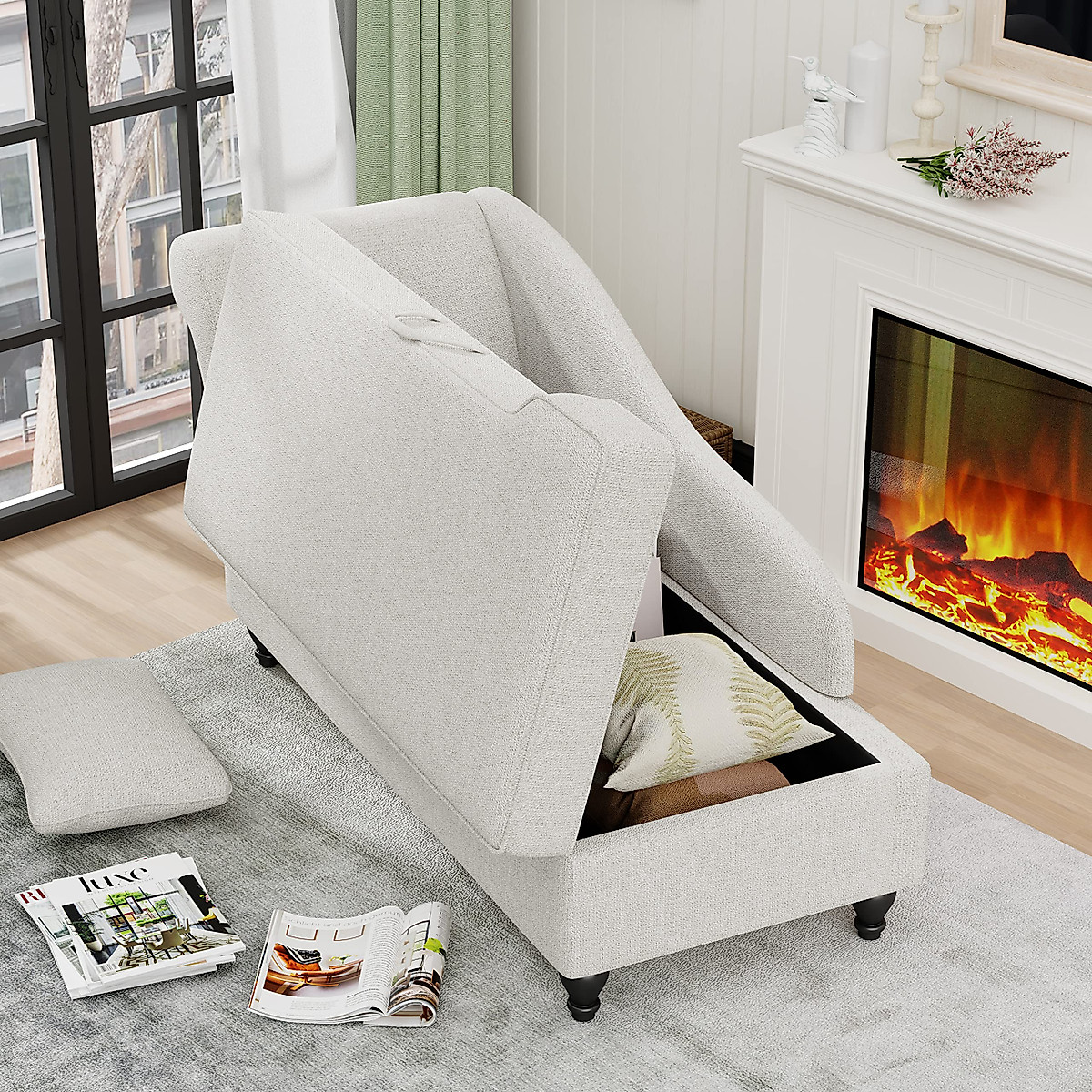 Yongqiang Storage Chaise Lounge Indoor, Upholstered Chaise Lounge Chair with Storage for Bedroom Living Room Office Beige Fabric (Left Armrest)