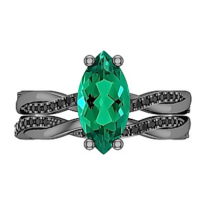 Dazzlingrock Collection 12X6 mm Lab Created Marquise Emerald & Round Black Diamond Bridal Ring Set in Black Plated 10K White Gold, Size 8.5