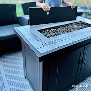 Sunjoy 40" Propane Fire Pit for Outside Rectangular Ceramic Tile Table Top Gas Smokeless Fire Pits Table with Lid and Lava Rocks