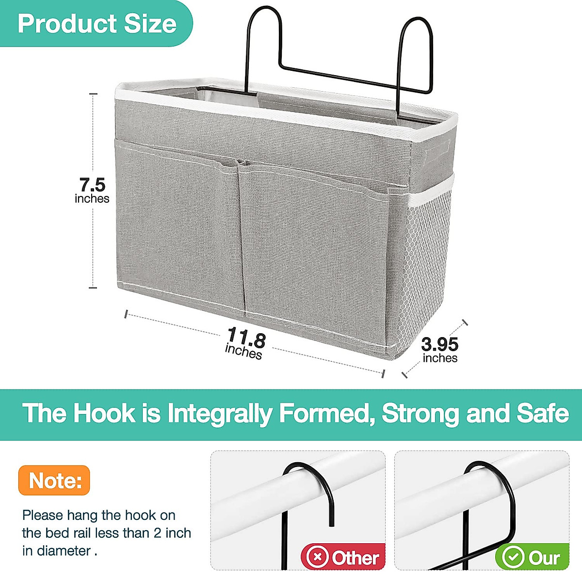 Ndeno Bedside Caddy Storage Bag Hanging Pocket Organizer for Bunk and Hospital Beds Crib,Dorm Rooms Bed Rails for Remotes Mobile Phone Keys, Glasses, Books (Dark Grey)