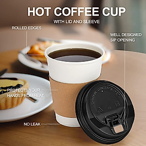 FIFWVGP 100 Pack 12 oz Disposable Coffee Cups with Lids, Sleeves and Stir Straws Paper Coffee Cups with Lids To Go Coffee Paper Cups with Lids Hot Cups with Lids for Tea Coffee Hot Chocolate