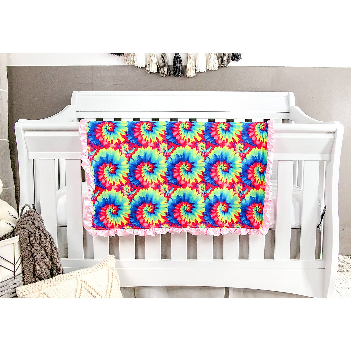 Top Tots Baby Blanket - Tie Dye Pattern with Pink Minky Dot & Satin Ruffle, 31 x 31 Inch Multicolored