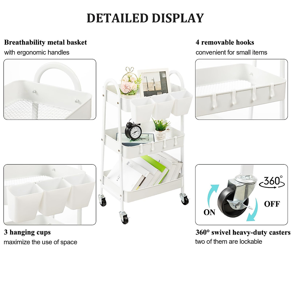 danpinera 3-Tier Rolling Cart, Metal Rolling Storage Cart with Lockable Wheels & Hanging Cups & Hooks, Mobile Trolley Cart for Kitchen, Bathroom, Office, Workshop, White