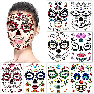 Halloween Temporary Face Tattoos (8Pack), Konsait Day of the Dead Sugar Skull Floral Black Skeleton Web Red Roses Full Face Mask Tattoo for Women Men Adult Kids Boys Halloween Party Favor Supplies