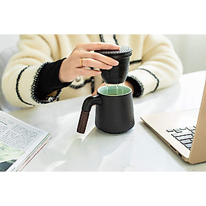 iHarbort Tea Cup with Sandalwood handle, 13 oz, Ceramic Tea Mug with Porcelain Infuser and Lid for Hot Tea or Coffee, Gift Set, 1-Pack (Matte Grey)