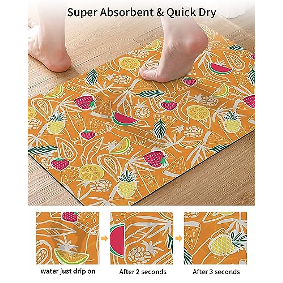 Tropical Summer Bath Mat for Tub,Non Slip Bathroom Floor Runner Rug Quick Dry & Absorbent Diatomaceous Earth Kitchen Room Shower Sink Washable Doormat,Orange Fruit Lemon Watermelon Pineapple 16"x24"