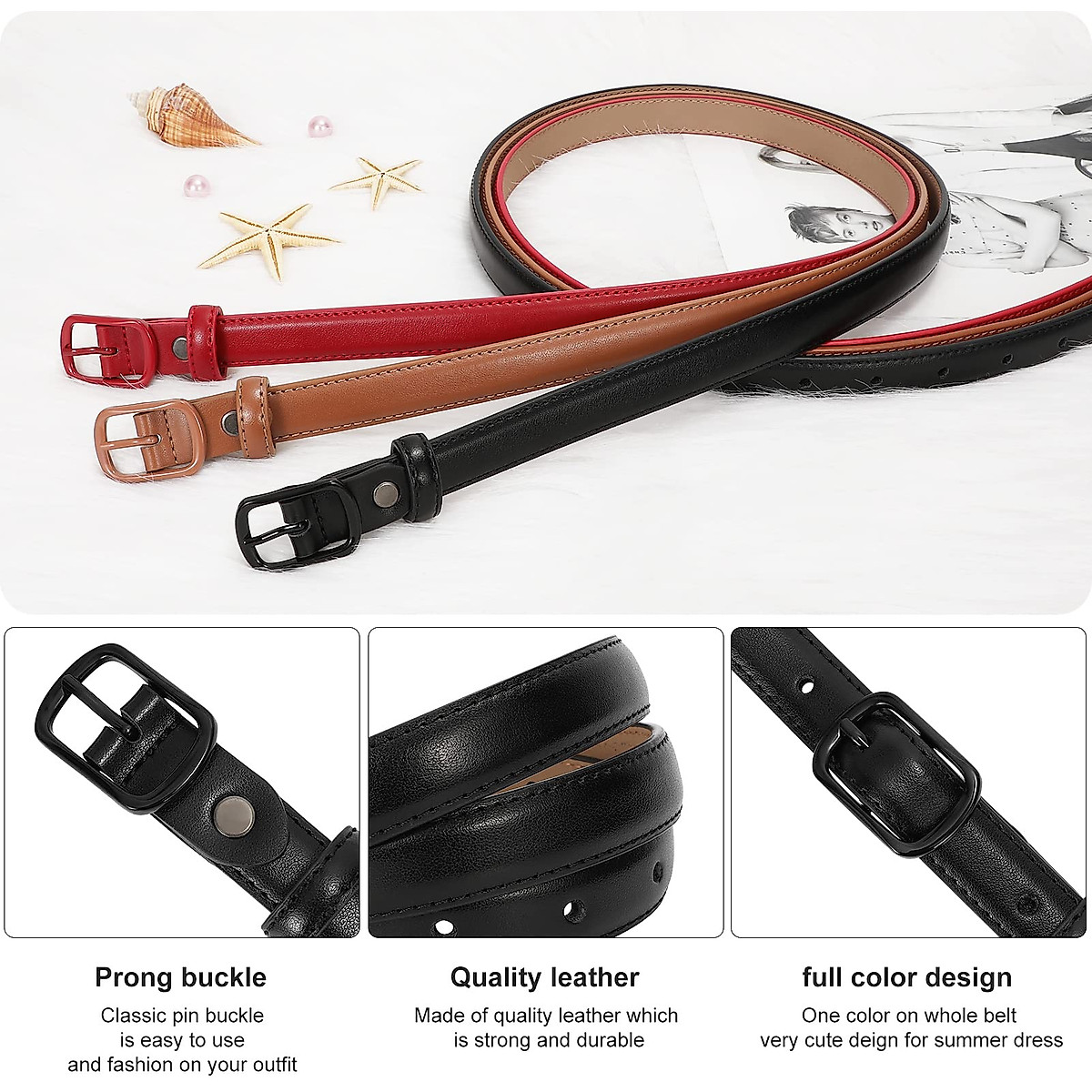 XZQTIVE Black Skinny Belt for Women Jeans Thin Leather Waist Belts With Black Metal Prong Buckle