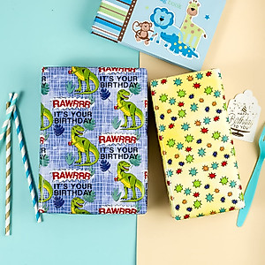WRAPAHOLIC Birthday Wrapping Paper Roll - Dinosaur and Irregular Pattern Design Perfect for Celebration, Party, Baby Boy Present Packing - 4 Rolls - 30 inch X 120 inch Per Roll
