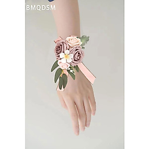 BMQDSM Wrist Corsage for Wedding，Party Prom Hand Flower Decor，Mother of The Bride Corsage，Shoulder Corsages，Bridesmaid Girl Rose Wrist Flower（Set of 4 Dusty Rose